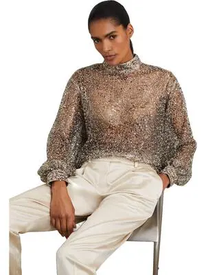 REISS Sienna Embellished Top - Silver