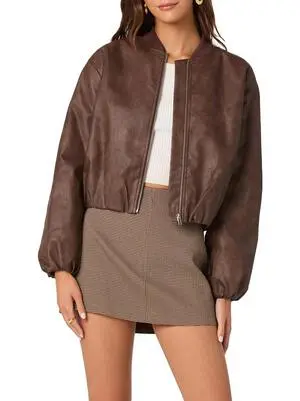 Astr The Label Faux Leather Cropped Bomber Jacket - Brown