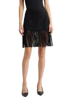 FRAME Fringe Trim Suede Skirt - Black