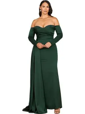 LARA NEW YORK Off Shoulder Satin Dress With Beaded Details - Dark Green