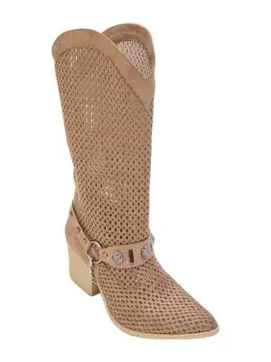 PROLOGUE SHOES Lumen Block Heel Boot Dark Beige Faux Leather