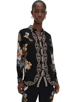 Farm Rio Tropical Print Button Down Shirt - Snake Floral Black