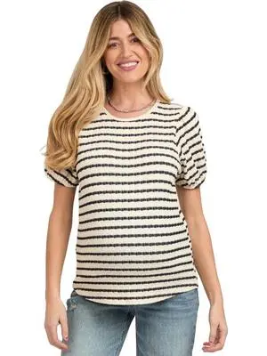 PINKBLUSH Striped Textured Puff Sleeve Top - Black