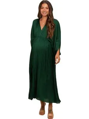 PINKBLUSH Satin Pleated V-neck Maxi Dress - Forest Green