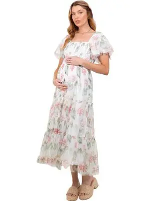 PINKBLUSH Floral Mesh Smocked Midi Dress - Ivory
