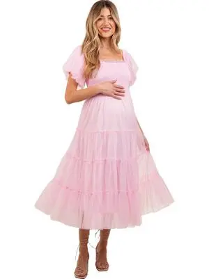 PINKBLUSH Smocked Tiered Tulle Midi Dress - Light Pink