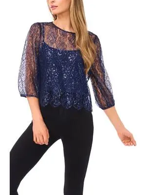 CECE DUPRAZ Metallic Floral Lace Top - Classic Navy