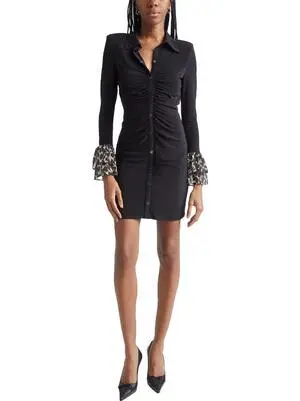 Ramy Brook Arden Long Sleeve Ruched Mini Shirtdress - Black /bone Foliage