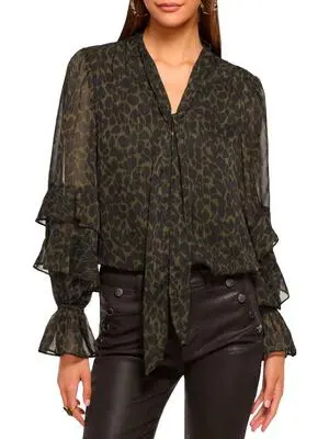 Ramy Brook Bonnie Metallic Stripe Leaf Print Top - Black /deep Olive Foliage