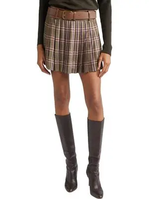 Ramy Brook Metallic Plaid Mini Skirt With Faux Leather Belt - Deep Olive Plaid