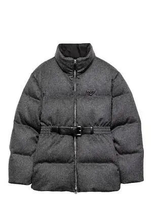 Prada Belted Shell-down Puffer Jacket - Grey