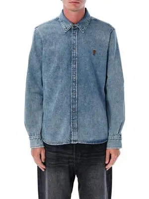 AMI Paris Button-down Collar Cotton Denim Shirt With Embroidered Logo - Blue