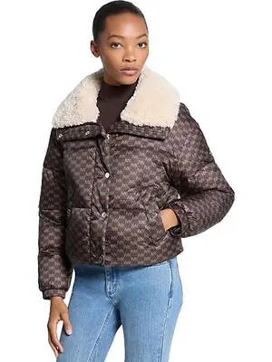 Michael Kors Logo Print Sherpa Puffer Jacket Brown