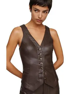 Anthropologie Halsey Faux Leather Slim Button-front Vest Top - Java