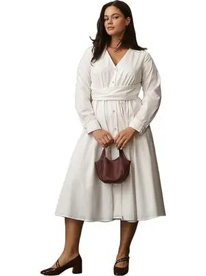 HUTCH Long-sleeve V-neck Midi Shirt Dress - White