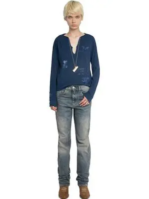 Zadig&Voltaire Long-sleeved Henley T-shirt With Rhinestones - Blue