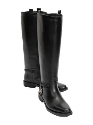 FOREVER & ALWAYS SHOES Leather Knee High Buckle Boots - Black Leather