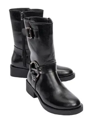 PROLOGUE SHOES Fies Buckled Boots Black Faux Leather