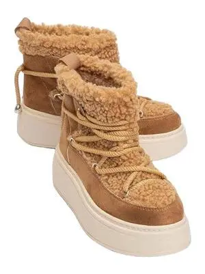 PROLOGUE SHOES Faux-fur Lined Platform Boots - Cognac Faux Leather
