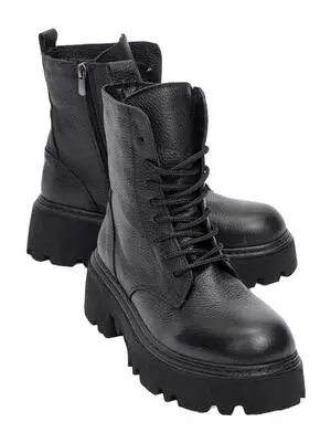 FOREVER & ALWAYS SHOES Leather Lace-up Ankle Boots - Black Leather