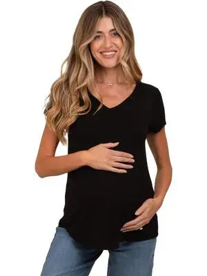 PINKBLUSH Basic V-neck Short Sleeve Maternity Top - Black