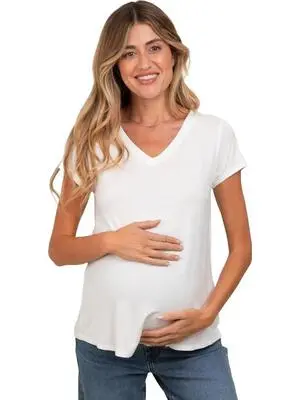 PINKBLUSH Basic V-neck Short Sleeve Maternity Top - White