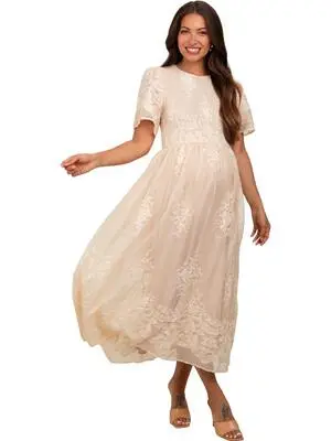 PINKBLUSH Embroidered Smocked Maternity Midi Dress - Cream