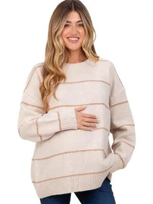 PINKBLUSH Striped Drop Shoulder Sweater - Beige