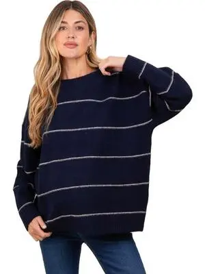 PINKBLUSH Striped Drop Shoulder Sweater - Navy Blue