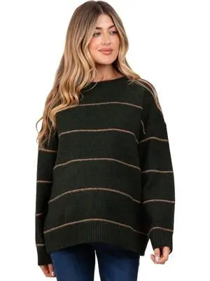 PINKBLUSH Striped Drop Shoulder Sweater - Olive Green