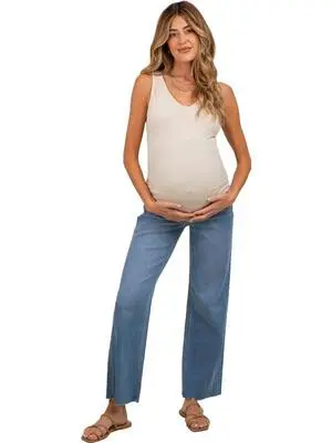 PINKBLUSH Raw Hem Ankle Slim Wide Leg Maternity Jeans - Blue