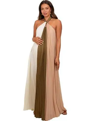 PINKBLUSH Colorblock Pleated Halter Neck Maxi Dress - Olive Green