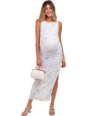 PINKBLUSH Floral Ruched Side Slit Maternity Midi Dress - Ivory