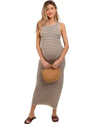 PINKBLUSH Striped Knit Fitted Sleeveless Maxi Dress - Beige