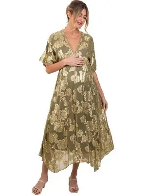 PINKBLUSH Floral Jacquard Overlay Maxi Dress - Olive Green