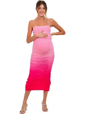 PINKBLUSH Mesh Ombre Ruched Midi Dress - Pink