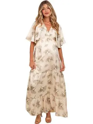 PINKBLUSH Floral Deep V-neck Maxi Dress - Cream
