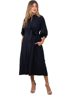 PINKBLUSH 3/4 Sleeve Maternity Midi Shirt Dress - Navy Blue