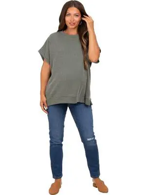 PINKBLUSH Solid Ribbed Oversized Tunic Top - Olive Green