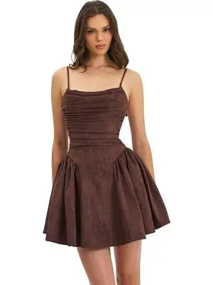 MISS CIRCLE Ruched Vegan Suede Mini Dress - Mahogany