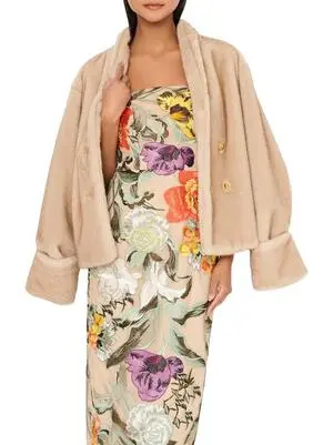 MILLY Belted Faux Fur Jacket - Beige