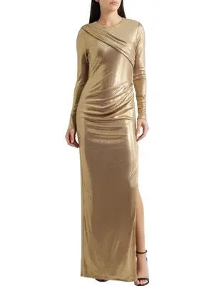 Black Halo Marika Metallic Draped Gown - Liquid Gold