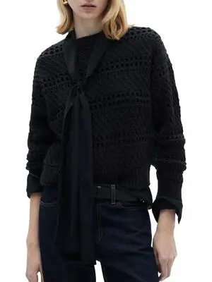 Mango Openwork Cable Knit Sweater Dark Navy