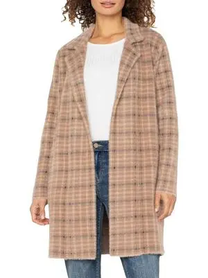 LIVERPOOL Open Front Plaid Coatigan - Camel Cream Plaid