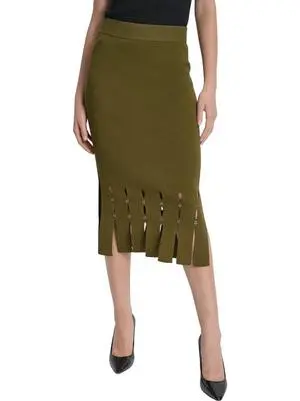 Dkny Grommet Trim Fringe Hem Midi Skirt - Dark Olive