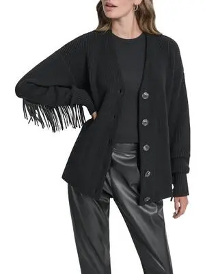 Dkny Faux Leather Fringe Cardigan - Black