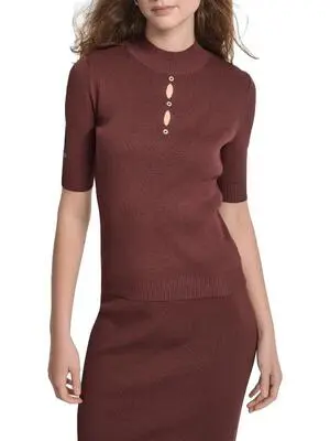 Dkny Cutout Grommet Mock Neck Sweater - Bitter Chocolate