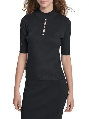 Dkny Cutout Grommet Mock Neck Sweater - Black