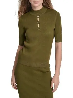 Dkny Cutout Grommet Mock Neck Sweater - Dark Olive
