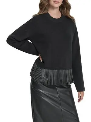 Dkny Faux Leather Fringe Pullover - Black